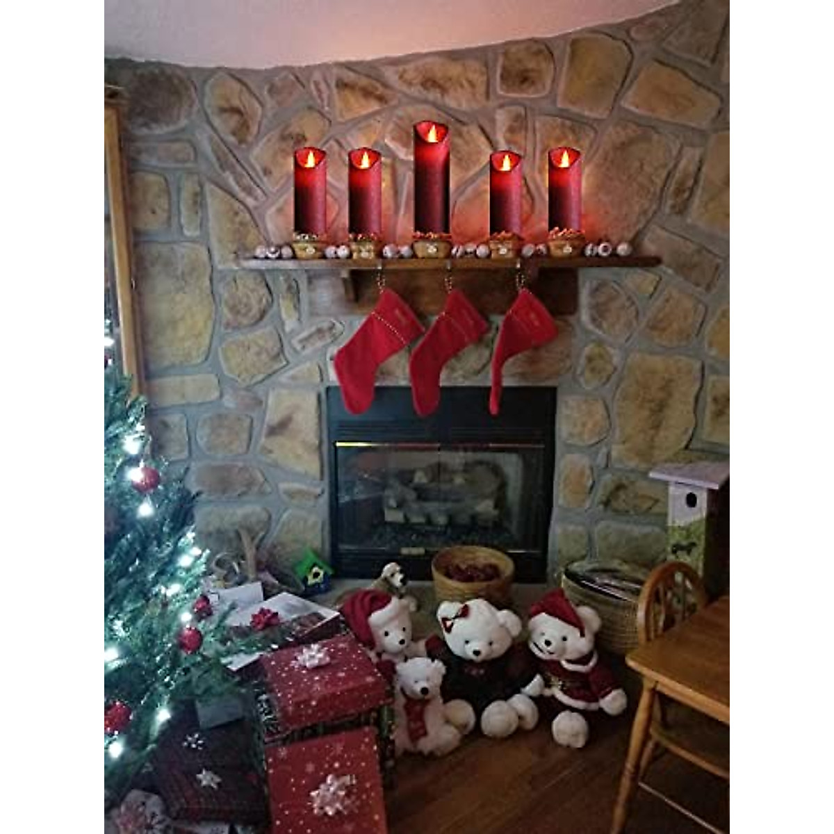 Kitch Aroma Burgundy Red Glitter Flickering Flameless Candles Set of 5(H 5"/5.5"/6"/7"/8" xD 2.2") Christmas Red Powder Candle Fllickering Flameless Candles Home Decor