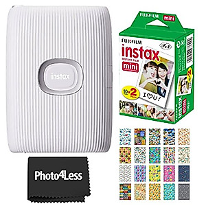 Fujifilm Instax Mini Link 2 Smartphone Printer Clay White + Fujifilm Instax Mini Twin Pack Instant Film and 20 Sticker Frames