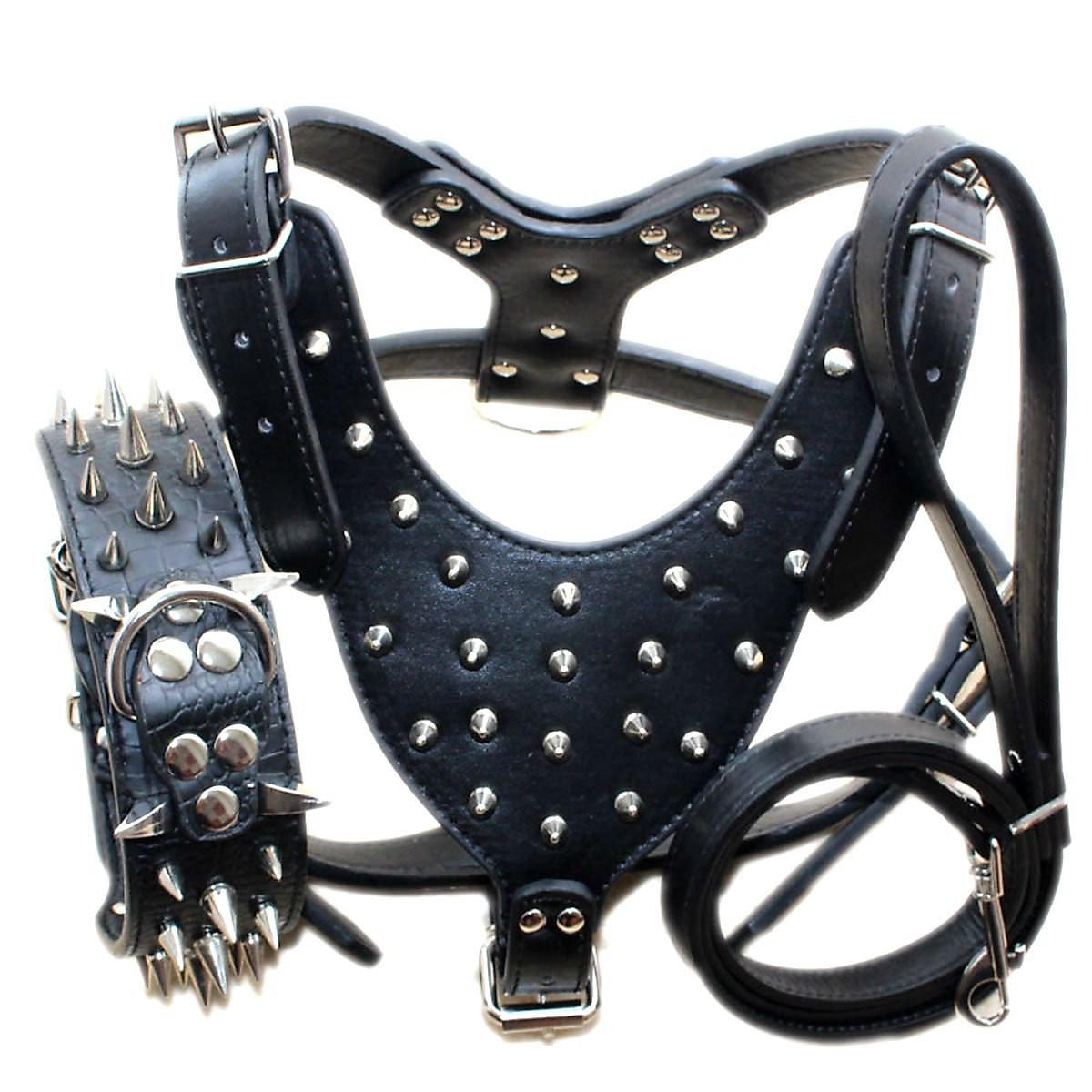 Haoyueer Leather Sharp Spiked Studded Dog Collars, Harnesses & Leashes 3Pcs Matching Set for Medium & Large Dog Pit Bull,Mastiff, Boxer, Bull Terrier