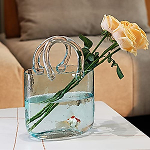 Purse Vase for Flowers, Glass Vase, Fish Bowl with Bubble, Handbag Shape Clear Vase, 10.6 inch Vase for Flowers, Plant Vase for Christmas, Birthday Gift, Table Decor-Light Blue