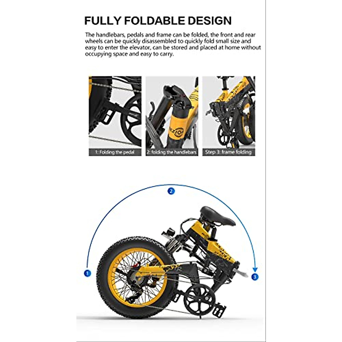 Bezior Electric Bike XF200 for Adults, Foldable 20" x 4.0 Fat Tire Electric Bicycle, 1000w Motor 48V 15Ah Removable Lithium Battery (Black & Yellow)