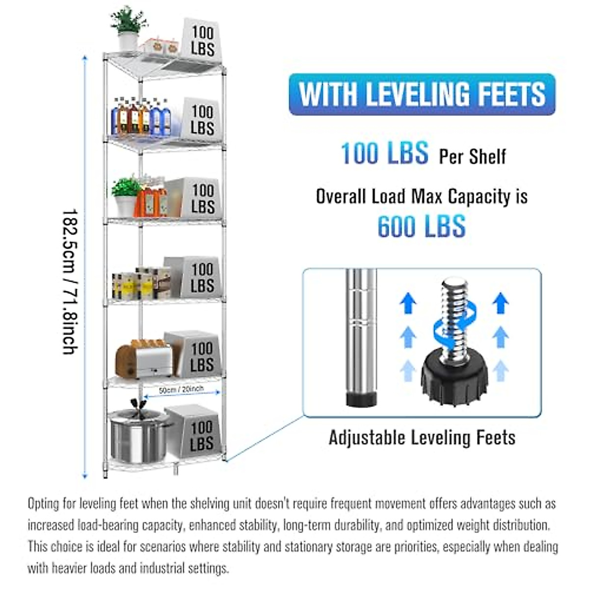 6 Tier NSF Corner Wire Shelf Shelving Unit, 20 x 20 x 72 Inch 600lbs Capacity Heavy Duty Adjustable Metal Storage Rack with Leveling Feet & Shelf Liners for Office Kitchen Bathroom and More - Chrome