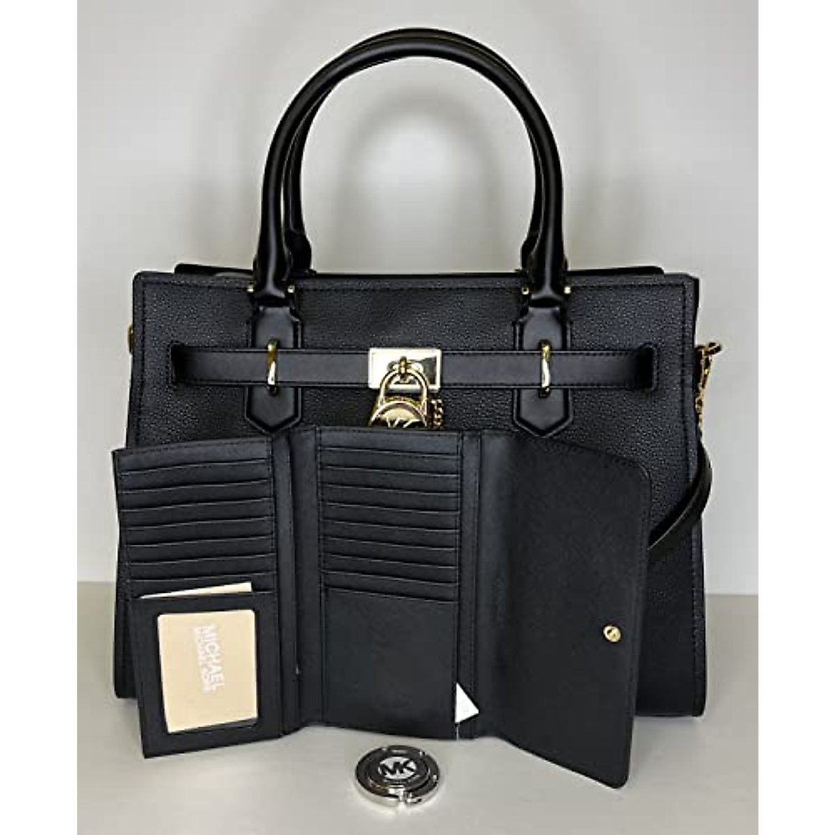 MICHAEL Michael Kors Hamilton MD Satchel bundled with Trifold Wallet and Purse Hook (Black)