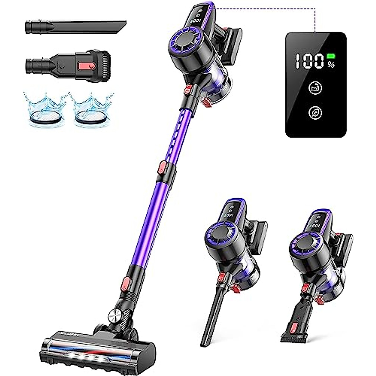 WLUPEL Cordless Vacuum Cleaner, 400W Stick Vacuum Cleaner with 30KPA Powerful Suction, Lightweight Handheld Vacuum LED Display for Carpet and Floor, Pet Hair (Hero 8-Purple)