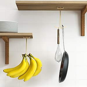 Josmimic Adhesive Banana Hook Under Cabinet: Banana Holder - Banana Hanger - Under Counter Banana Hanger - Folding Banana Hook, Folds Up When Not in Use, Keep Bananas Fresh - Gold - 2 Pack