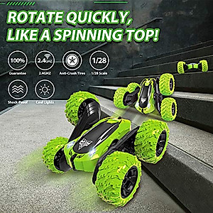 KKONES Remote Control Car, 2.4GHz Electric Race Stunt Car, Double Sided 360° Rolling Rotating Rotation, LED Headlights RC 4WD High Speed Off Road Gift for 3 4 5 6 7 8-12 Year Old Boy Toys (Green)