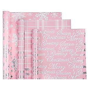 WRAPAHOLIC Christmas Wrapping Paper Roll - Mini Roll - 3 Rolls - 17 Inch X 120 Inch Per Roll - Pink with Silver Metallic Foil Snowflake, Plaid, Merry Christmas Lettering