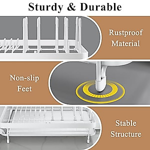 Dish Drying Rack, Auto-Drain Expandable(19.1"-26.9") Kitchen Counter Dish Drainers Rack, Stainless Steel Large Strainers Drying Rack with Drainboard Pan Holder Utensil Holder Caddy Organizer, White
