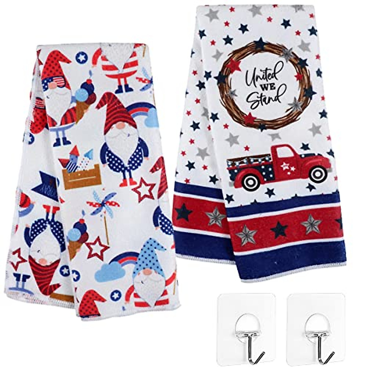 MUCHAI INNOVATIONS Designer Hand Towel Linen Set | Lightweight & Decorative - Kitchen Home Bathroom Deco Gift - Plus Heavy Duty Self Adhesive Hook (Red White & Blue USA Patriotic)