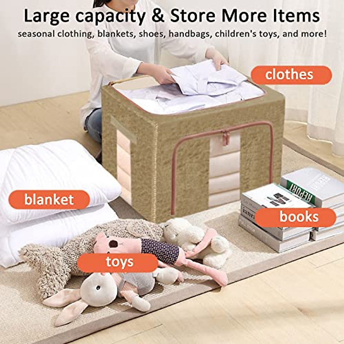 choedii Storage Containers 2-Pack Stackable Large Foldable Clear Organizer Bags for Organizing Clothes Waterproof Bin Box with Lid Zipper Handles 66L (Beige 2pcs)
