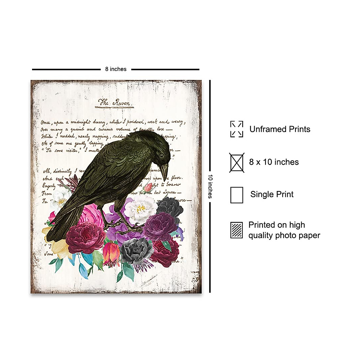 The Raven Edgar Allan Poe Decor - Gift for Medieval, Gothic, Wicca, Wiccan, Witchcraft, Occult Fan, Women - Goth Wall Art - Creepy Poster for Bedroom, Living Room - Crow, Roses, Flowers Picture