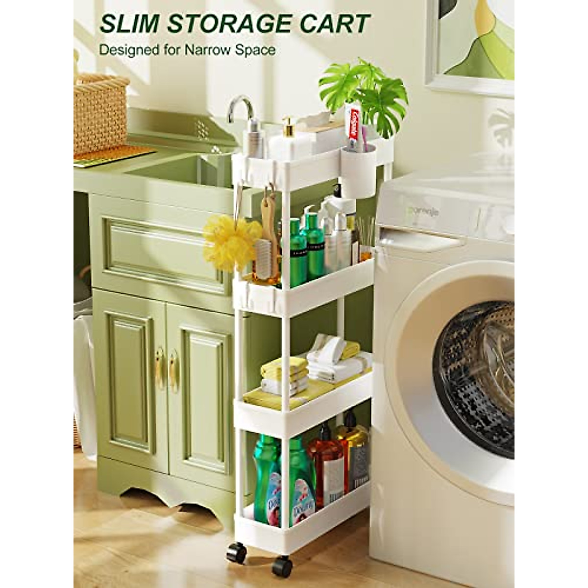 LEHOM 5.1" Slim Storage Cart - 4 Tiers Bathroom Organizer Mobile Shelving Unit Storage Rolling Utility Cart Slide Out Organizer for Kitchen Bathroom Laundry Narrow Places, White