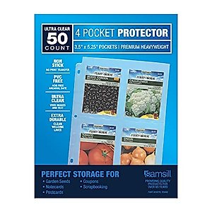 Samsill 50 Pack 4 Pocket Garden Seeds Storage Clear Sheet Protectors, Card Protectors, Each Pocket Measures 3.5" x 5.25", Fits in Standard 3 Ring Binder