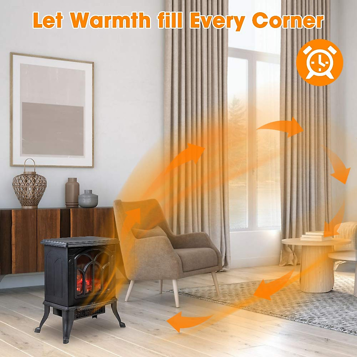 Electric Fireplace Heater, Space Heater for Indoor Use, Portable Fireplace Heater with Realistic Flame Effect, Retro Style Small Room Heater, Overheat Protection, (Black, 17INCH)