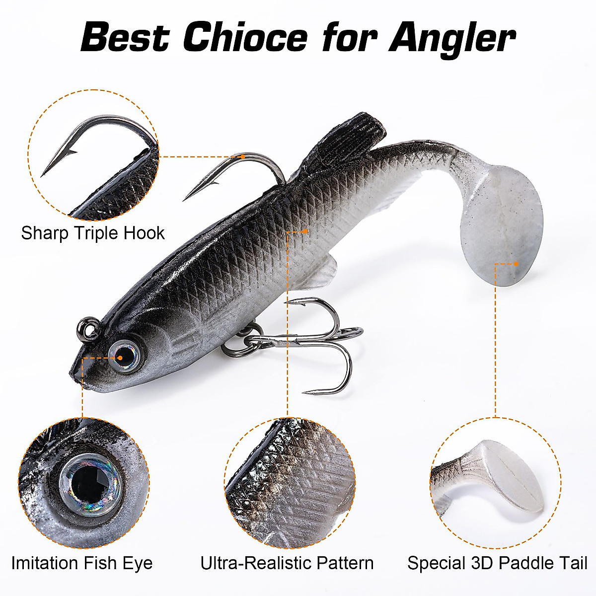 Goture Soft Fishing Lures jig Heads, Saltwater Freshwater Minnow Fishing Bait T Tail with jig Head, Fishing Lure Swim Shad Baits for Bass Fishing 5Pack