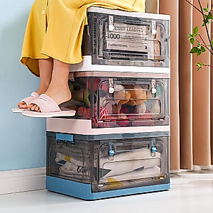 RUNMEIJIA Storage Bins，Clear Plastic Folding Storage Box with Lid with Wheels Stackable Plastic Box, For Home, Dorm and Office Organization, Fabric Toys Books Snacks Bottles (50 Quarts, White)