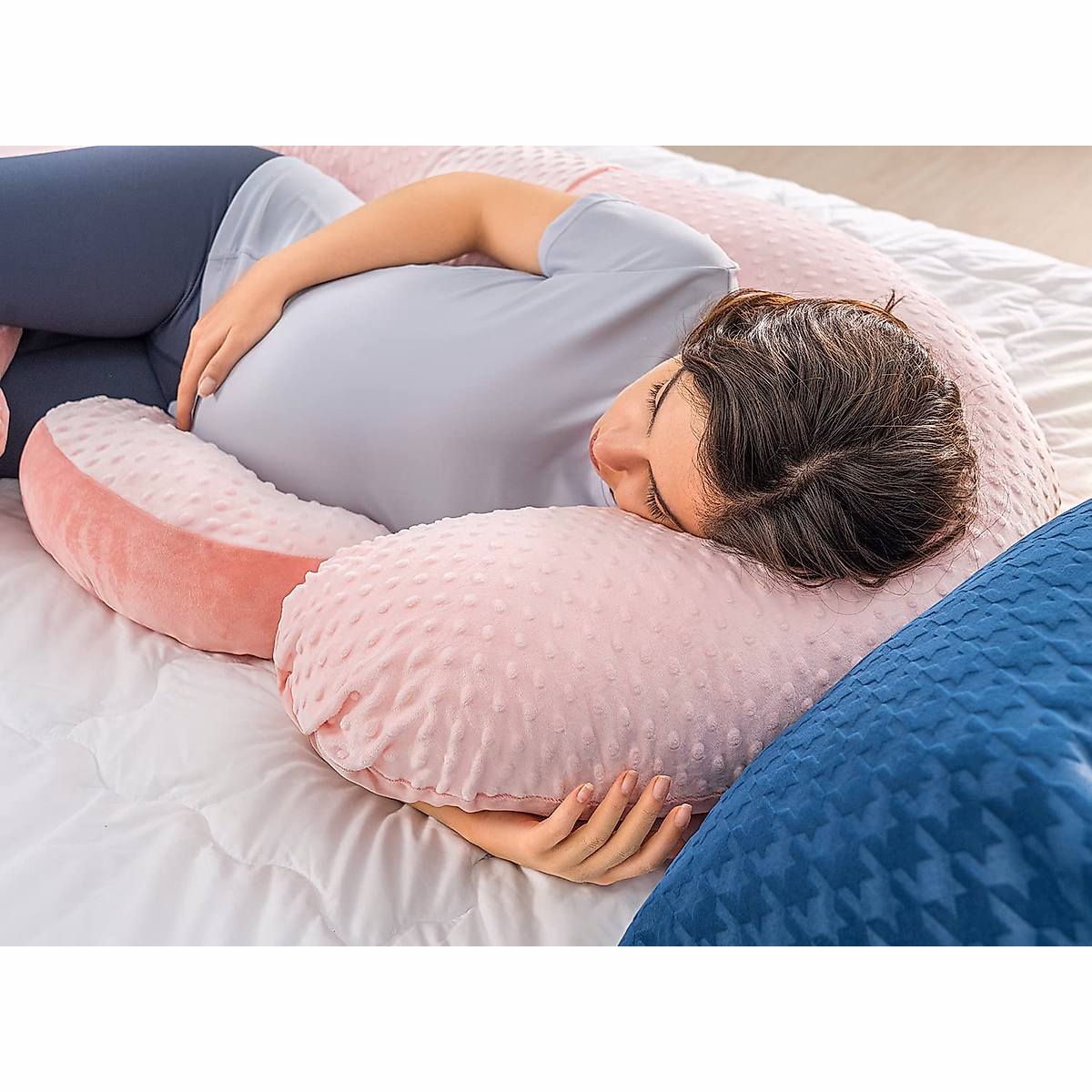 QUEEN ROSE E Shaped Pregnancy Pillows for Sleeping, Detachable Body Pillow for Pregnant Side Sleeper, Pink Bubble Velvet, 60in