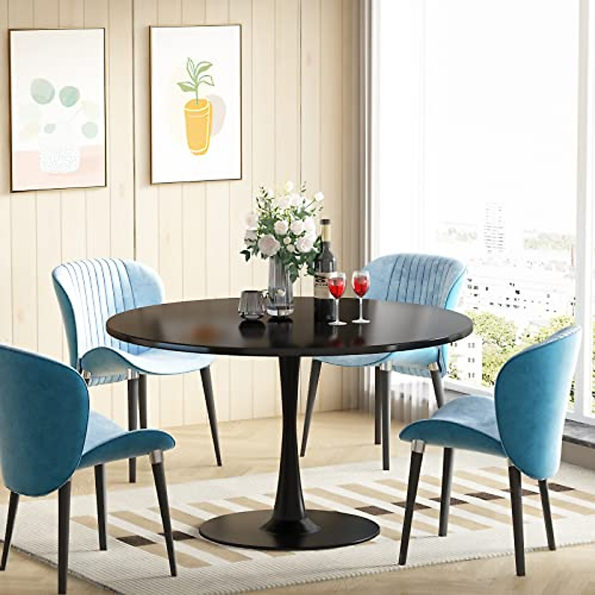 DKLGG Black Round, 42.1" Tulip Kitchen Dining 4-6 People with MDF Top & Pedestal Base, Mid-Century End Leisure Coffee Office Living Room Table