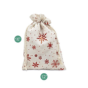 12-pack - 12x16 Reusable Cotton Canvas Muslin Gift Bags w. Drawstring for Presents, Party Favors, Samples (Red Snowflakes, X-Large) by TheDisplayGuys