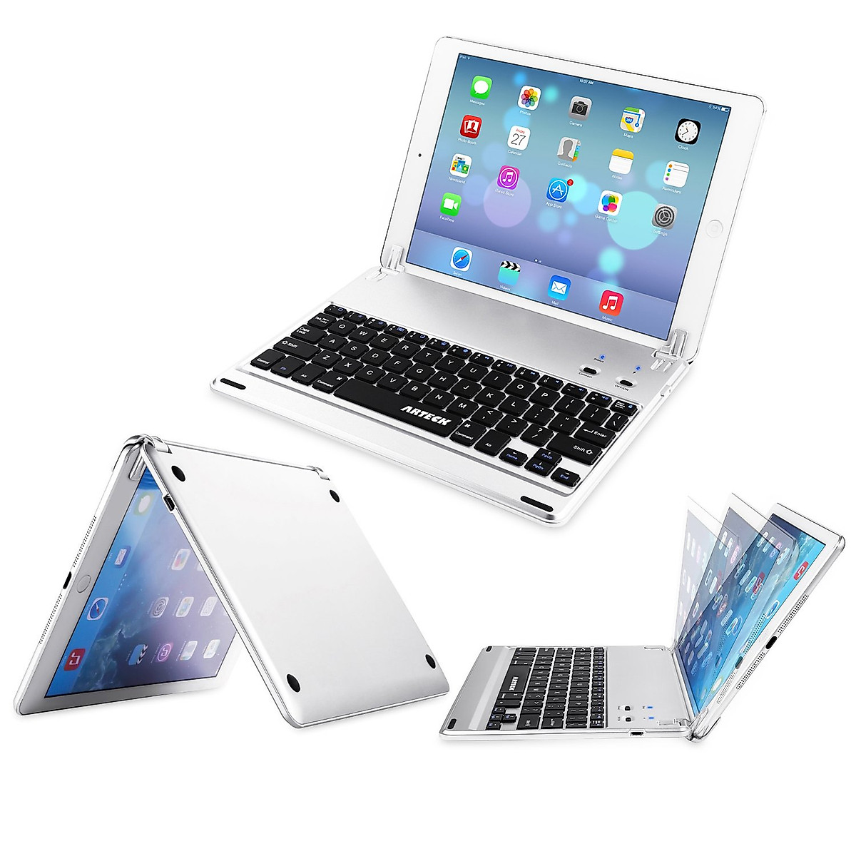 Arteck Ultra-Thin Apple iPad Air 2/9.7-inch iPad Pro Bluetooth Keyboard Folio Stand with Built-in Stand Groove for Apple iPad Air 2 with 130 Degree Swivel Rotating-Silver