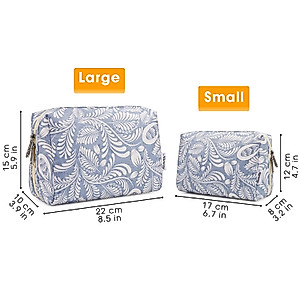 Narwey Cute Makeup Bag Travel Cosmetic Bag Organizer Toiletry Bag Make Up Bags with Compartments for Women Girls (Large, Blue Leaf)