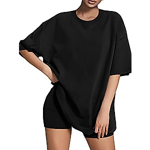 ATHMILE Womens Oversized T Shirts Loose Fit Crewneck Short Sleeve Tops Summer Casual Blouse Y2K Basic Tee 2023 Black