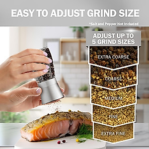 HOME EC Premium Stainless Steel Salt and Pepper Grinder Set of 2 - Adjustable Ceramic Sea Salt Grinder & Pepper Grinder - Glass Salt and Pepper Shakers - Pepper Mill & Salt Mill W/Funnel & EBook