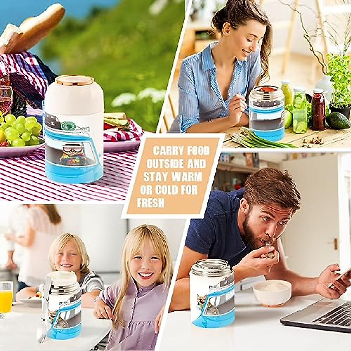 CUPADA Funny Cats Vacation Food Jar, Car Driving Insulated Hot Food Jars Vacuum 17OZ with Folding Spoon for Work Trip Picnic Camping