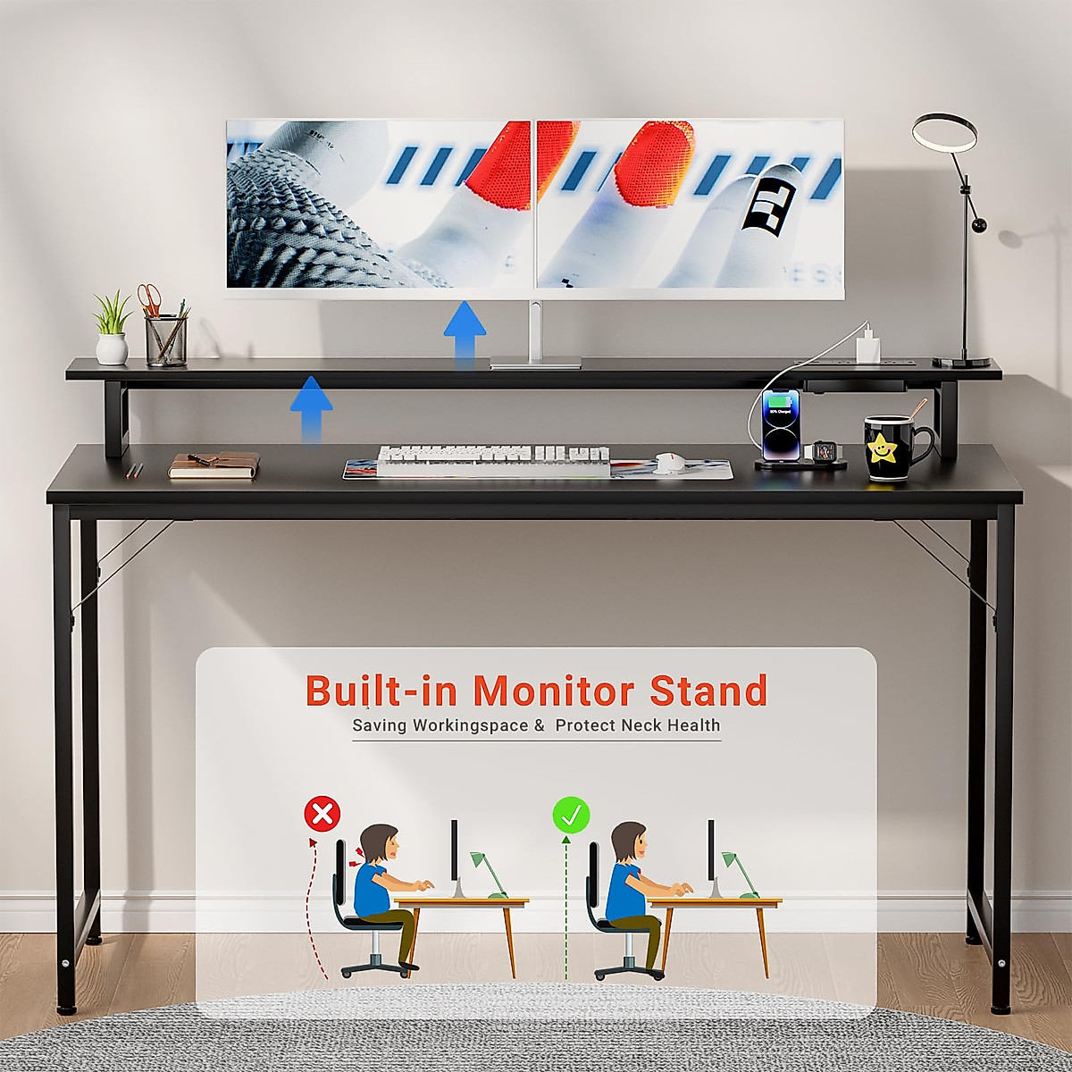 iSunirm 47 inch Computer Desk with Power Outlets, Gaming Desk with LED Lights, Home Office Work Desk with Monitor Shelf, Modern Office Desk Study Writing Table for Small Spaces, Black