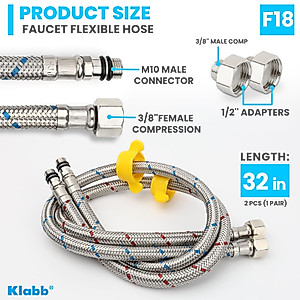 Klabb F18 32-Inch Long Bathroom Kitchen Faucet Connector Braided Stainless Steel Supply Hose 3/8-Inch Female Compression Thread x M10 Male Connector, x 2 Pcs (1 Pair)