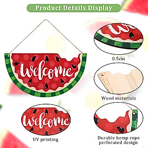 Jetec 2 Pieces Summer Watermelon Hanging Sign Shape Welcome Wooden Door Sign Hanging Plaque Rustic Wall Sign Yard Indoor Outdoor Garden Decoration with Rope, 13.4 x 6.9 Inch