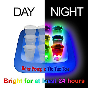 23*23 Inch Glowing Beer Pong Pool Party Rack Tic Tac Toe Floating Rafts, Swimming Pool Pong Party Game Drinking Game and Drink Holder, Includes 1 Rafts 9 Cups and 10 Pong Balls, Flashing Color 1