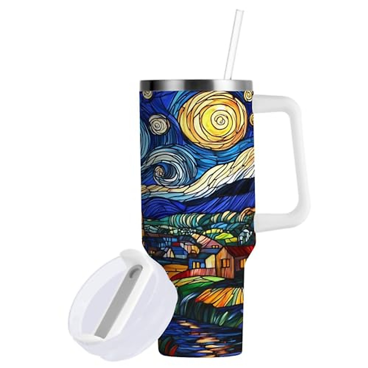 RPLIFE Village River Mountain Starry Sight Style Stainless Steel Tumbler, Insulated Cup with Straw, Coffee Tumbler for Women