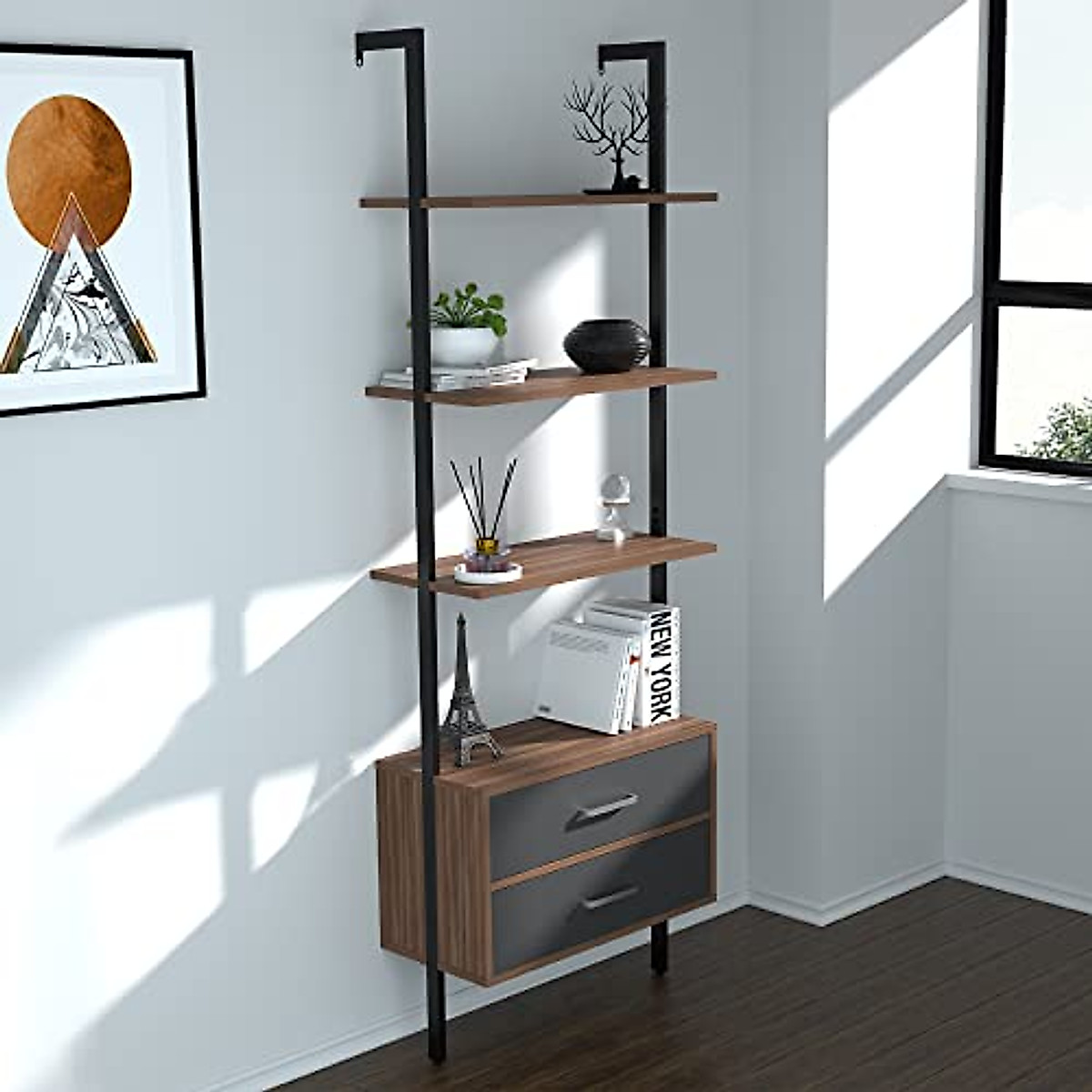 DREAMODERN Modern Bookshelf with Drawers, 4-Tier Open Bookcase Tall Wall Mount Ladder with Steel Frame -Brown