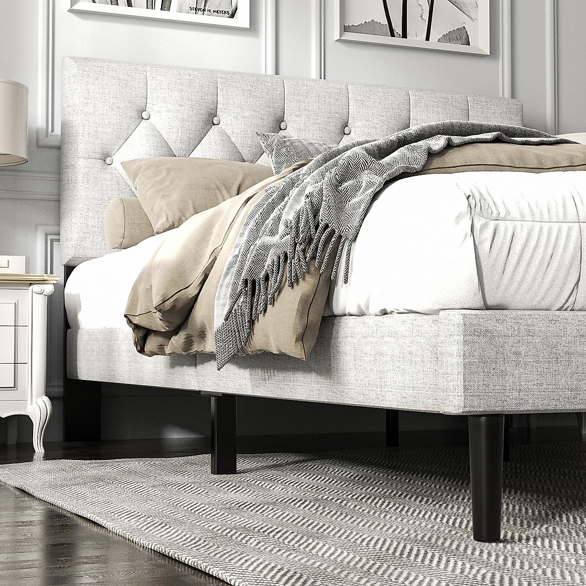 HAOARA Queen Size Platform Bed Frame with Upholstered Button Tufted Headboard, Mattress Foundation with Wooden Slat Support, Noise Free, No Box Spring Needed, Easy Assembly, Light Grey