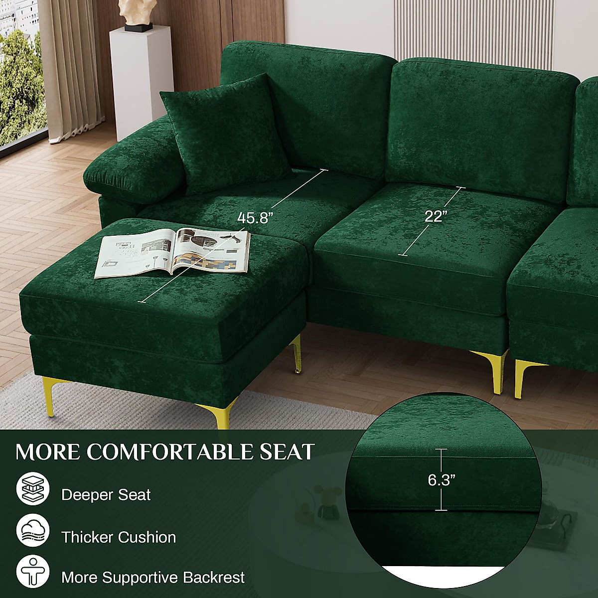 OUYESSIR L Shaped Sectional Sofa Couch, 3 Seat Velvet Sofa with Ottoman and Pillows, Upholstered Comfy Couch Sleeper for Living Room, Bedroom, 88 inches (Green)