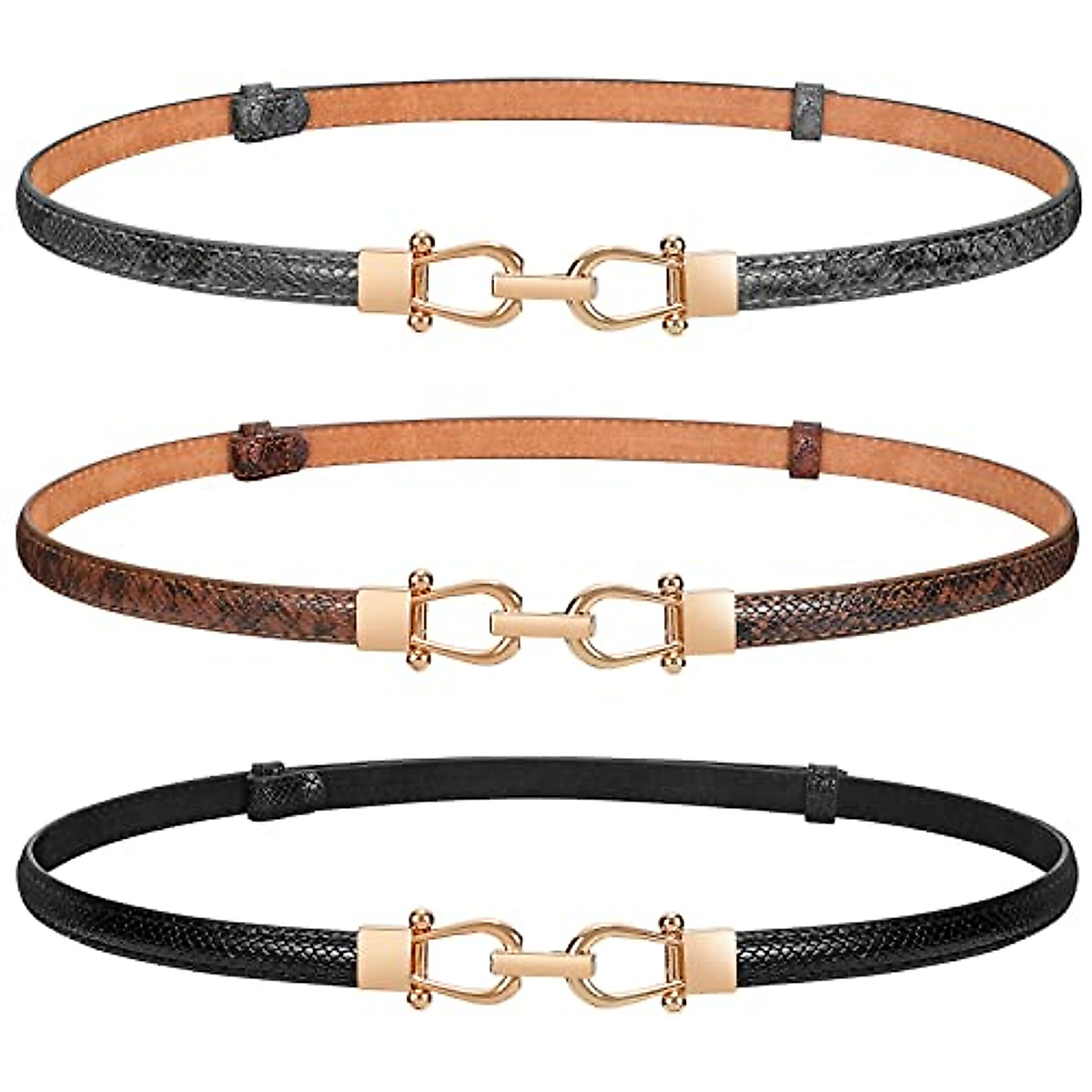 LEACOOLKEY Women Skinny Waist Belt with Gold Buckle Adjustable Leather Thin Waist Belt for Dress