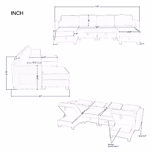 FIQHOME 116'' Modular Sectional Storage Seat, Oversized U Shaped Couch with Reversible Chaise Set with Square Arm, Soft Sofa for Living Room, Office, Spacious Space, Black