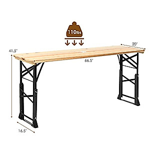 Giantex Folding Picnic Table, Wood Outdoor Table with Umbrella Hole, Adjustable Metal Legs, Patio Bistro Table for Garden Party Backyard, Rectangular Camping Table No Assembly
