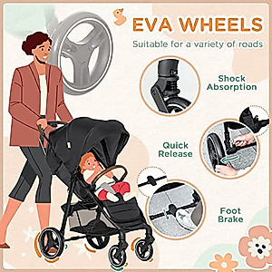 Qaba Lightweight Baby Stroller with One-Click Fold, Toddler Travel Stroller with Adjustable Backrest Footrest, Compact Stroller with All Wheel Suspension, Sun Canopy, Black