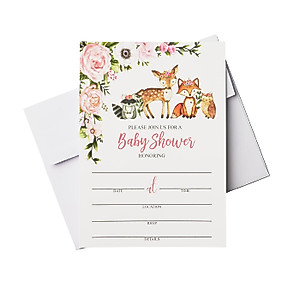 Boxed 25 Girl Woodlands Floral Greenery Baby Shower Invitations (Large Size 5X7 inches), Diaper Raffle Tickets, Book Request Cards with Envelopes Woodland Creatures Invites Fox, Deer, Owl, Raccoon