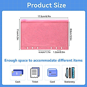 15Pcs Glitter A6 Binder Pockets PVC Pocket Notebook Binder Clear Binder Folders, Colorful Holes Binder Zipper Folders Waterproof PVC Pouch Folders for Document Receipt Picture