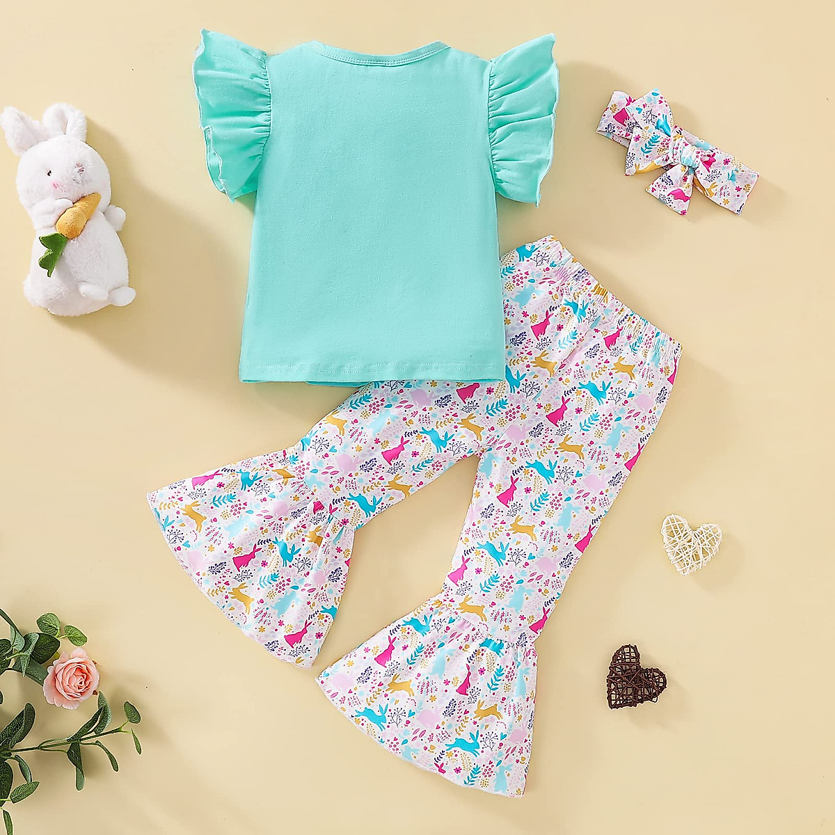 Wytyjxccyy Toddler Baby Girls Easter Outfits Bunny Fly Sleeve Shirts Blouse Top Bell Bottoms Pants Headband Summer Clothes Set (Green Print Rabbit,2-3T)