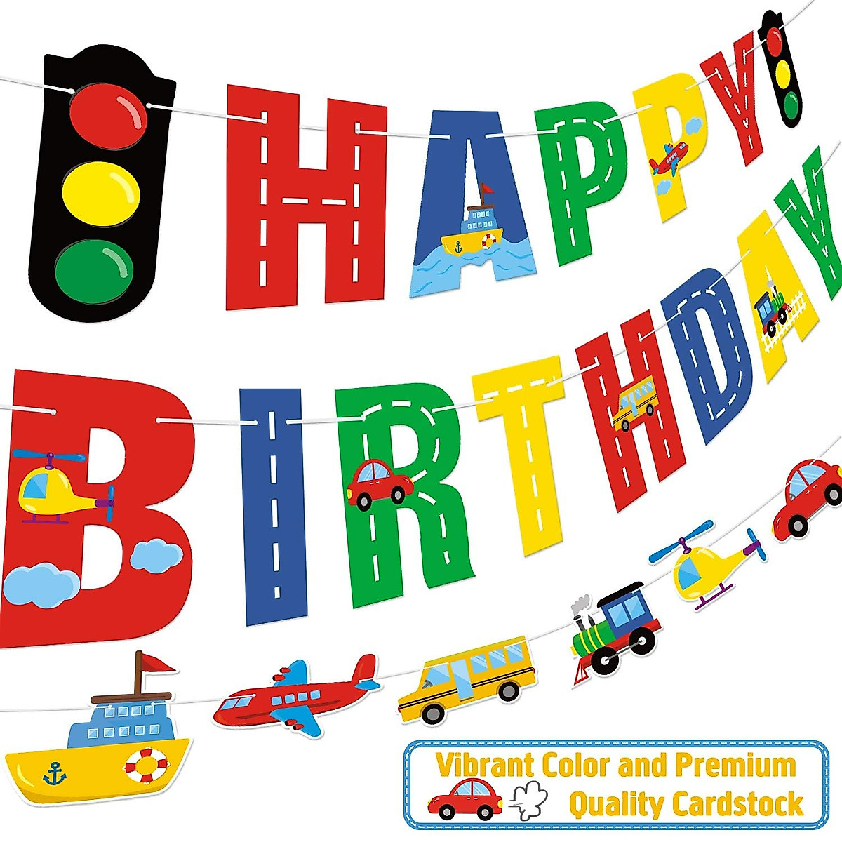 Faisichocalato Transportation Happy Birthday Banner Car Bus Train Plane Ship Helicopter Traffic Light Photo Props Garland for Kids Transportation Theme Birthday Party Decorations Baby Shower Supplies