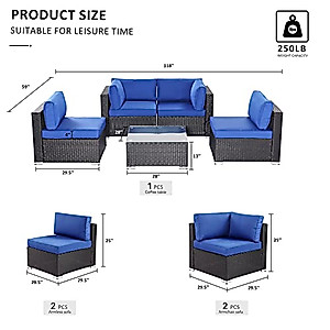 SUNVIVI OUTDOOR 5 Piece Patio Furniture Sets, All-Weather Black Wicker Rattan Outdoor Sectional Couch Sofa with Coffee Table & Washable Removable Navy Blue Cushions