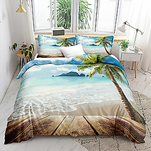 Bedbay Tropical Bedding Set Queen Size,Beach Duvet Cover,Sunny Beach Palm Tree Comforter Cover,Summer Bedding Beach Room Decor,3 Pieces Soft Beach Quilt Cover with Zipper Closure(Beach,Queen)