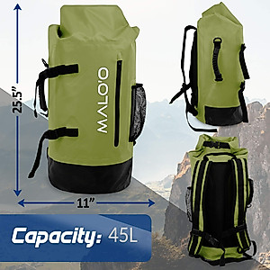 Malo'o 45L Waterproof Heavy Duty Backpack Dry Bags for Kayaking, Camping, Fishing, Hiking Daypack - Beach Accessories, Boat accessories, and Travel Gear - Fishing Rod Case Straps