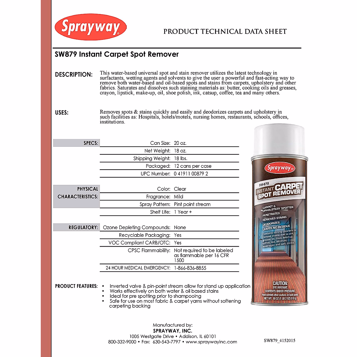 Sprayway SW879 Instant Carpet Spot Remover, 18 oz