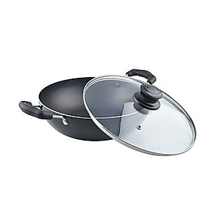Induction Base Non-Stick Kadai with Glass Lid Non Stick Frying Pan Wok Flat Bottom Non Stick All Purpose Pan Non-Stick Aluminium Kadhai Deep Fry Pan (240mm) 2.2Ltr