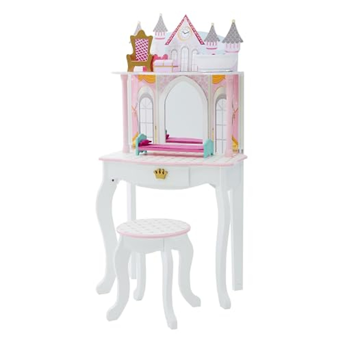 Teamson Kids Dreamland Princess Play Vanity Set with Mirror, Shelf, Storage Drawer, Stool, and Accessories for 12" Dolls, White an Pink